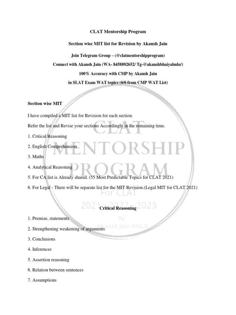 CLAT Mentorship Program Section Wise MIT List For Revision by Akansh ...