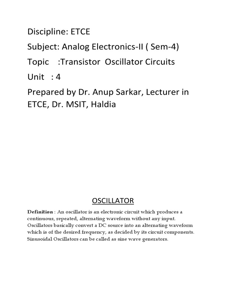 Oscillatorss Pdf Electronic Oscillator Amplifier