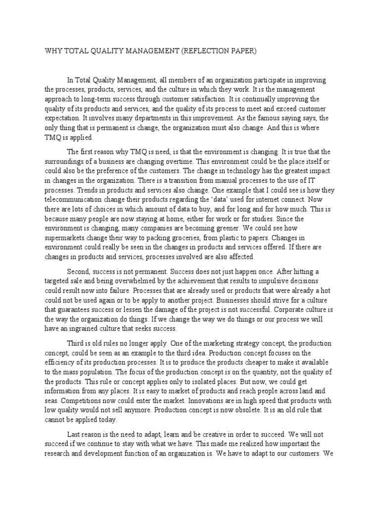 TQM Reflection Paper | PDF | Quality Management | Marketing