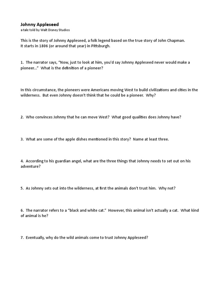 Johnny Appleseed Comprehension Questions | PDF