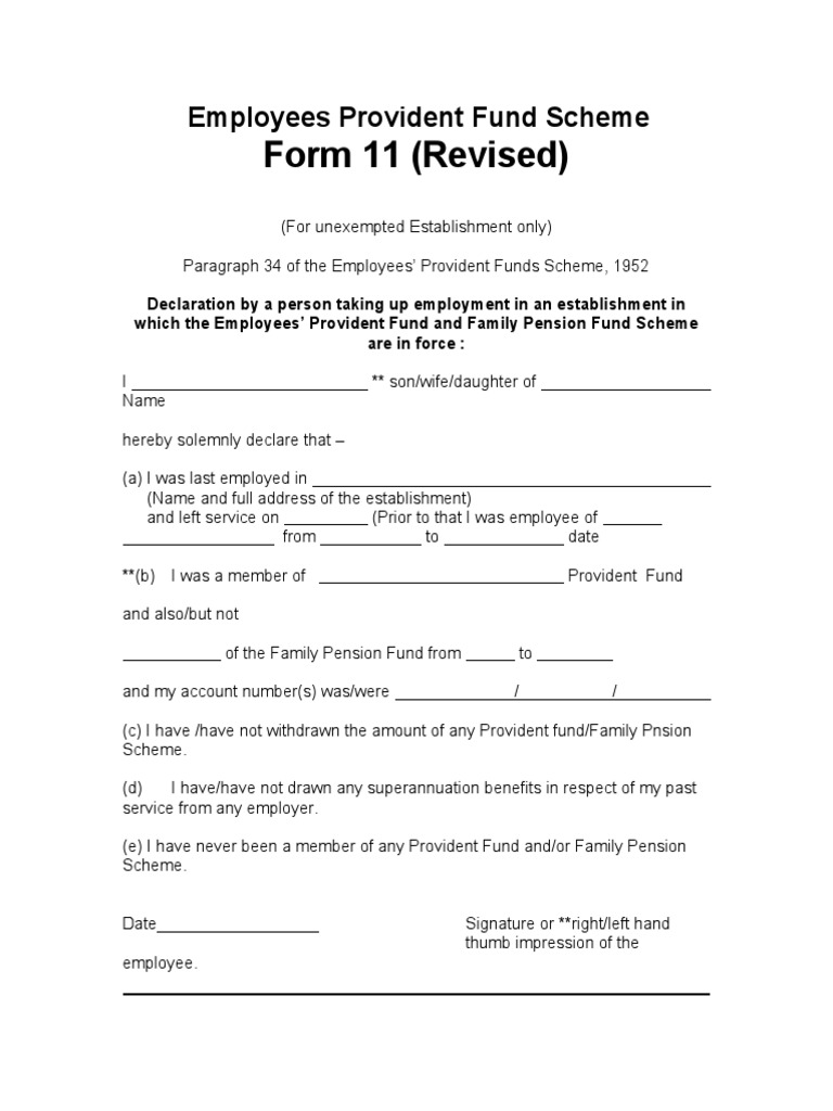 Form 11 (Revised) : Employees Provident Fund Scheme | PDF | Pension ...