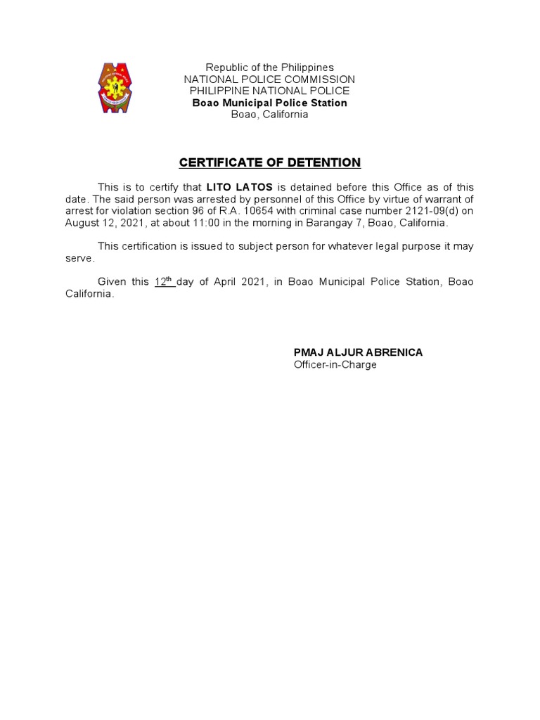 Certificate of Detention | PDF