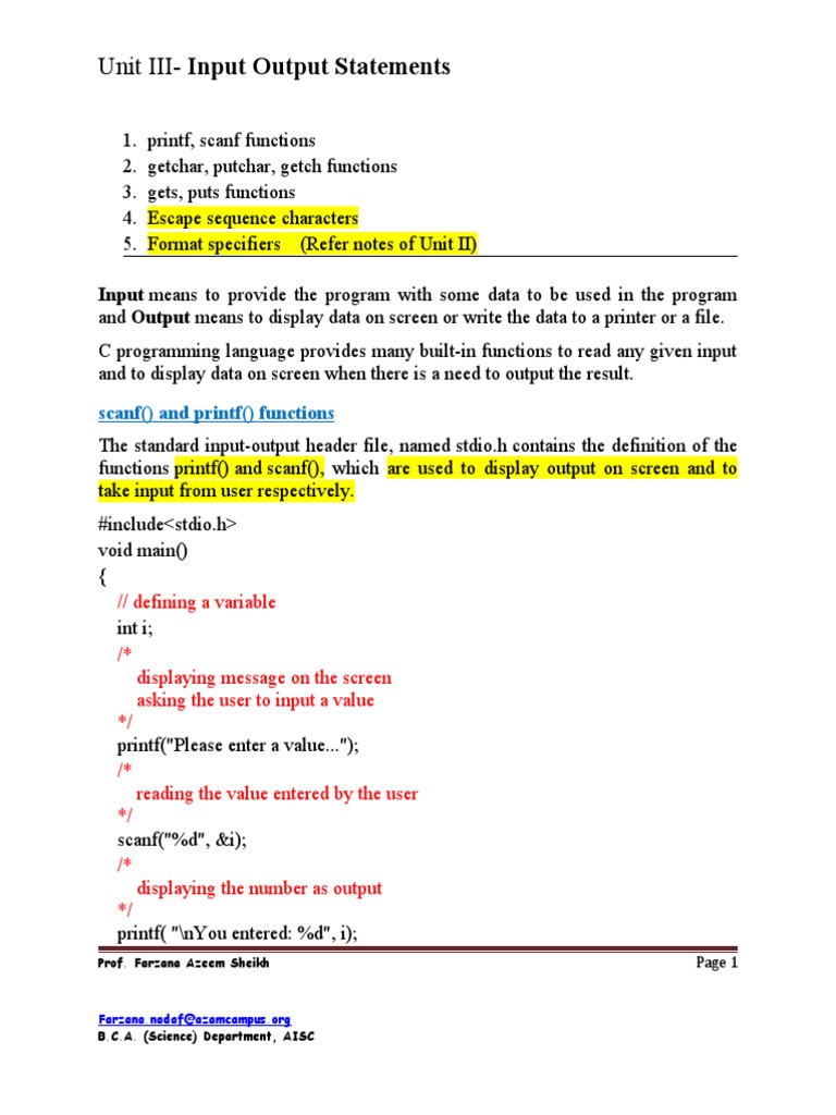 Unit III-Input Output Statements: Input Means To Provide The Program ... Unit III-Input Output Statements: Input Means To Provide The Program ...