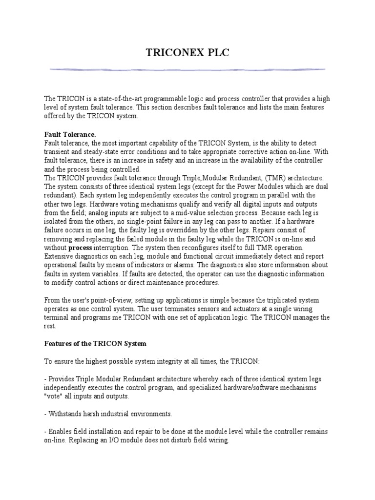 TRICONEX PLC Fault Tolerance Overview | PDF | Programmable Logic Controller | Fault Tolerance