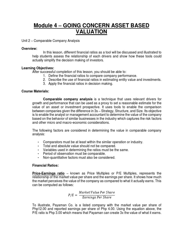 Module 4 - Going Concern Asset Based Valuation - Comparable Company ...