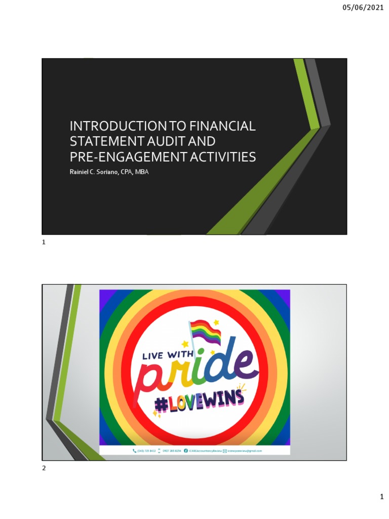 INTRODUCTION TO FINANCIAL STATEMENT AUDIT and PRE ENGAGEMENT ACTIVITIES by Sir Rain Soriano ...