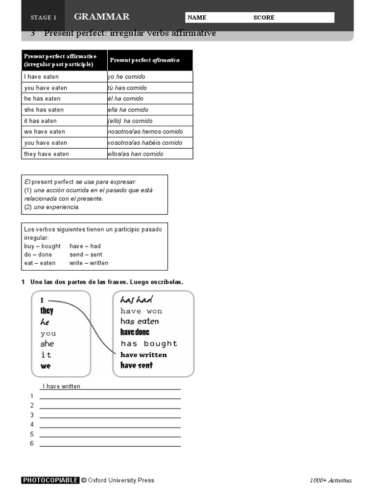 Stage 1 3 Present Perfect Irregular Verbs Affirmative | PDF
