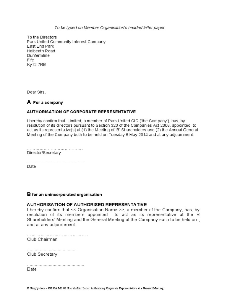 To Be Typed On Member Organisation's Headed Letter Paper: For A Company ...