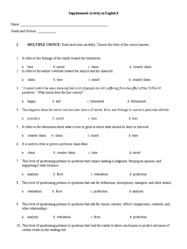 Supplemental Activities For G8 | PDF | Mood (Psychology) | Mental Health