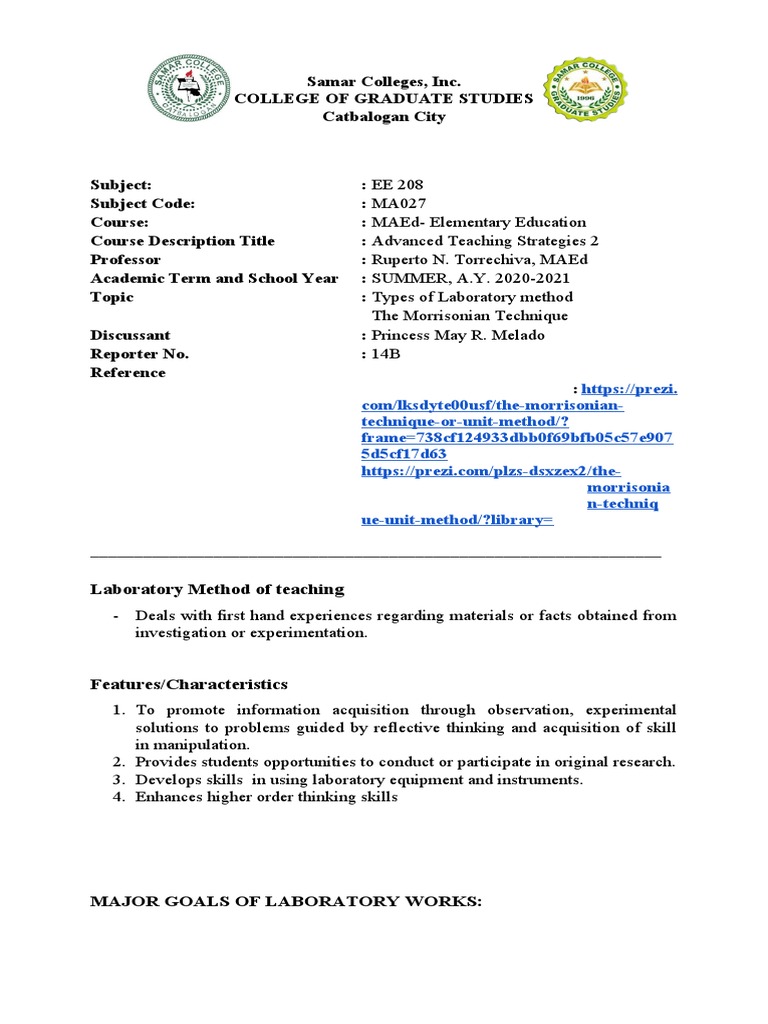 ATS 2 Types of Laboratory Method - The Morrisonian Technique Melado 7 ...