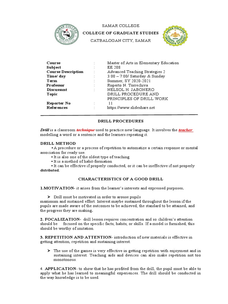 Drill Is A Classroom: Technique Teacher | PDF | Teachers | Education Theory