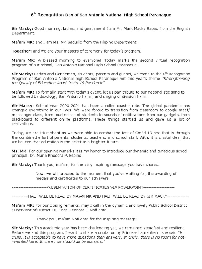 Recognition Day 2021 Script (Final Script) | PDF