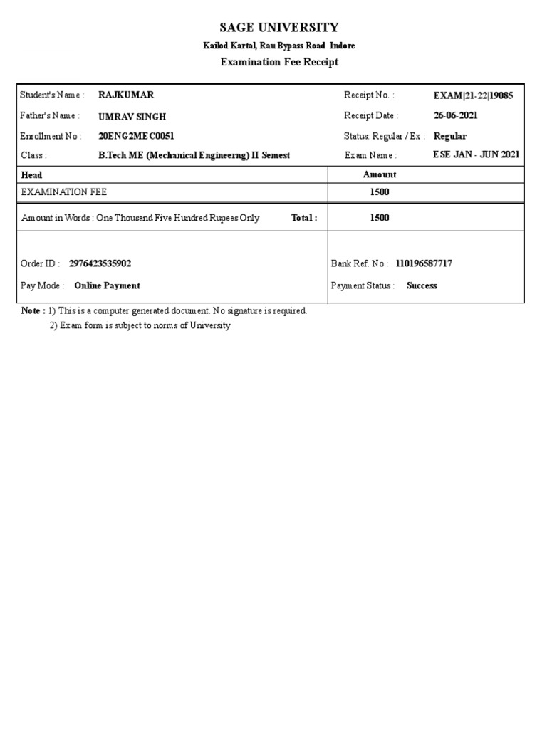 Sage University: Examination Fee Receipt | PDF