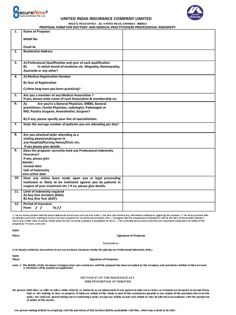 DoctorPI Proposal Form UIIC | PDF | Physician | Insurance