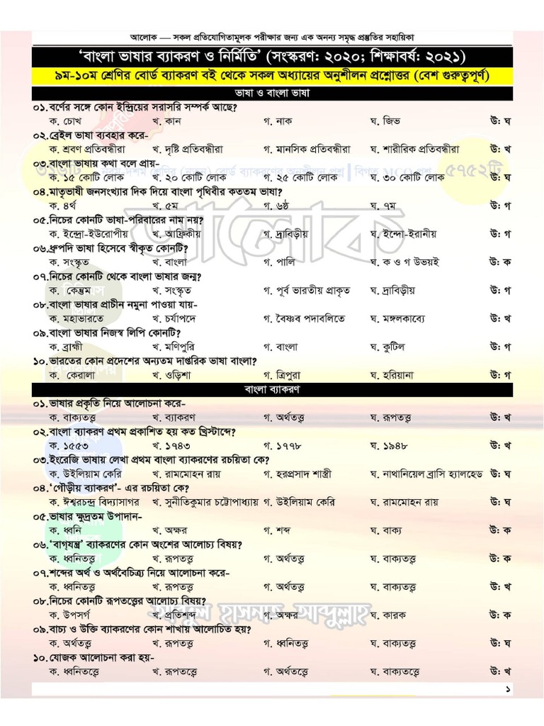Class 9 10 Bangla Grammar MCQ | PDF