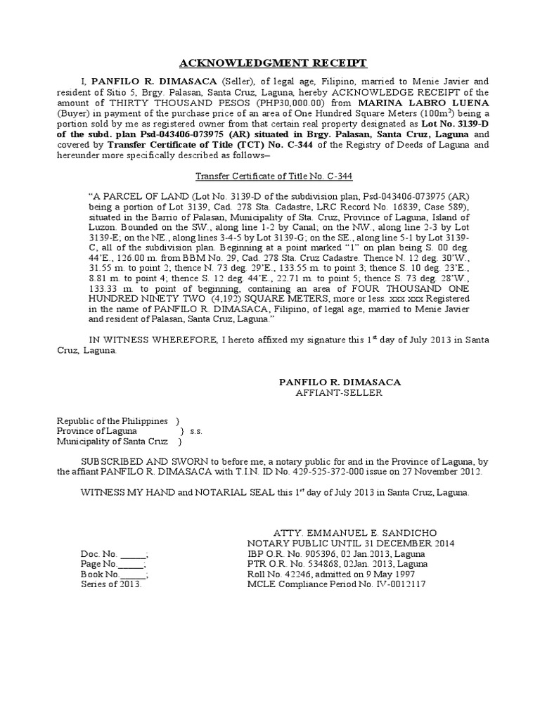 Notarized Acknowledgment Receipt of Sale | PDF | Urban | Land Law