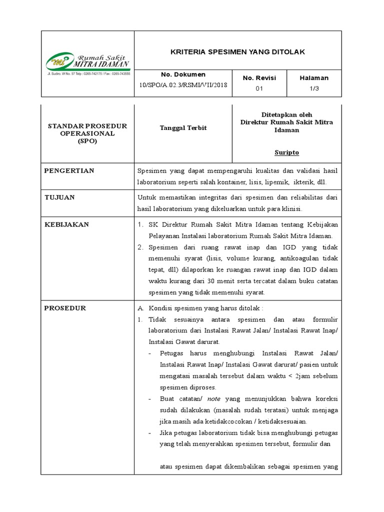 SPO 27 Kriteria Spesimen Yang Ditolak | PDF