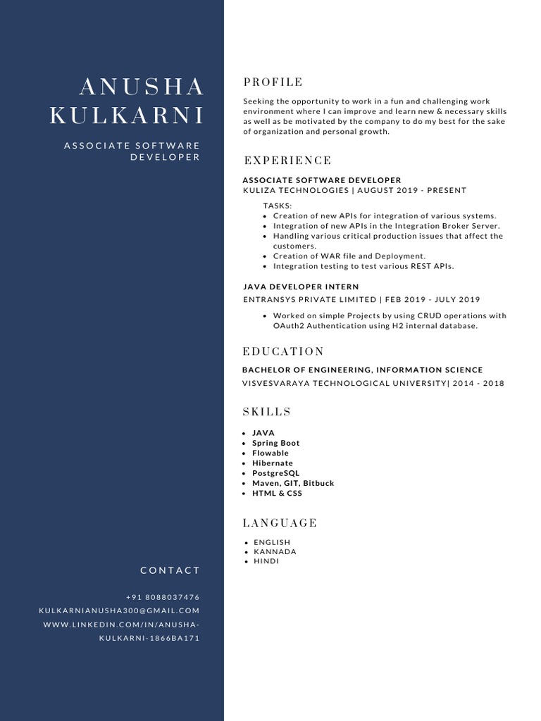 Anusha Kulkarni Resume (2021) | PDF