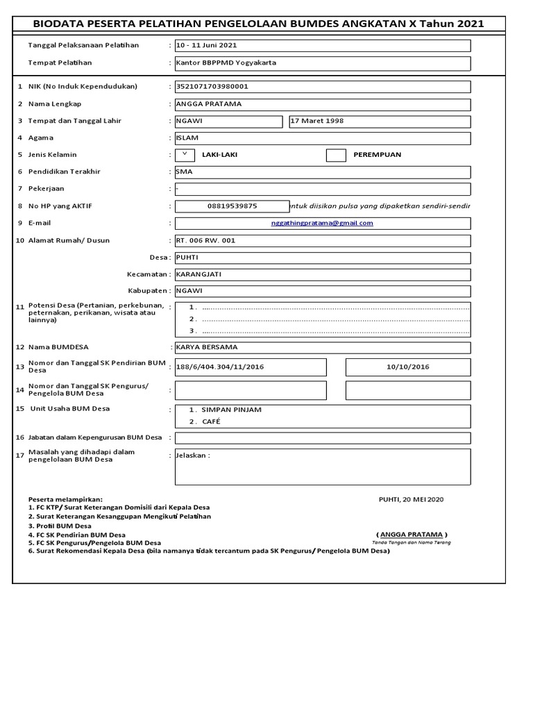 7.form Biodata Peserta Pelatihan Bum Desa Tahun 2021 - Final - Copy-1 | PDF
