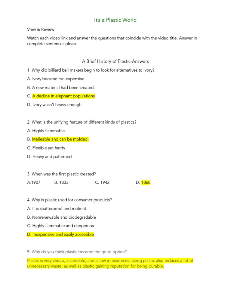 Its A Plastic World Worksheet Answers | PDF | Plastic | Recycling