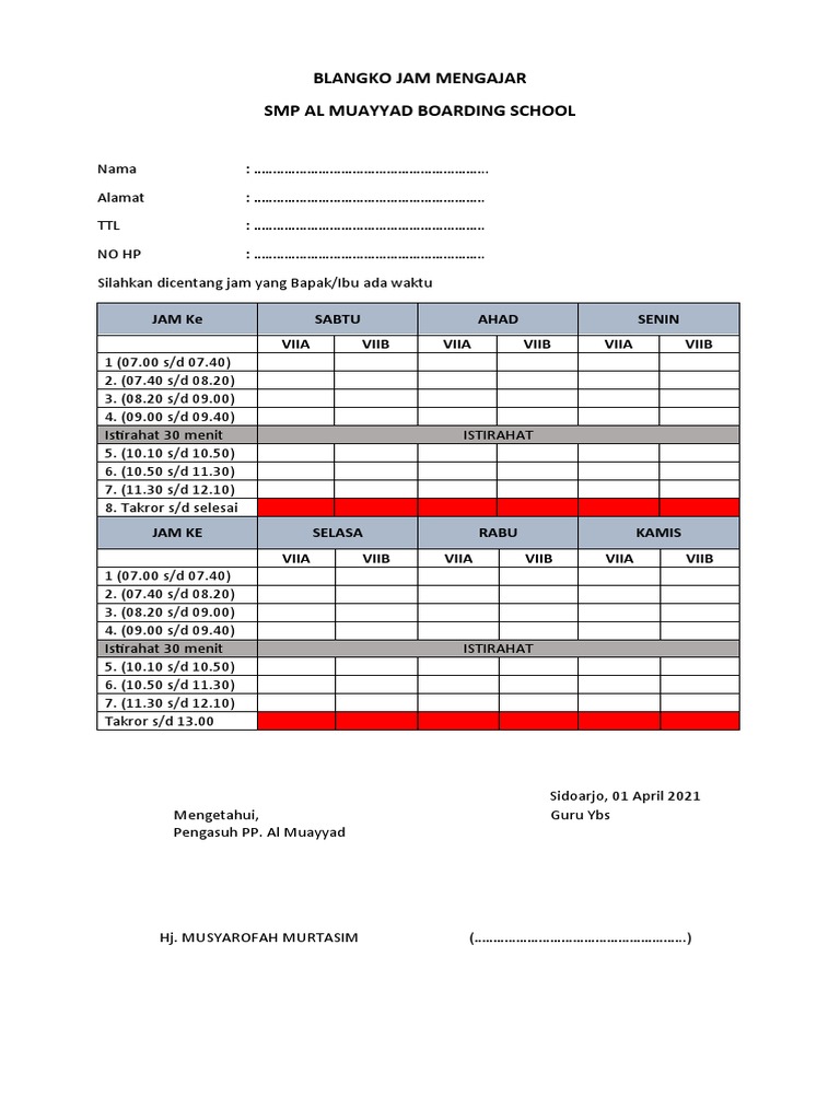 Blangko Jam Mengajar | PDF