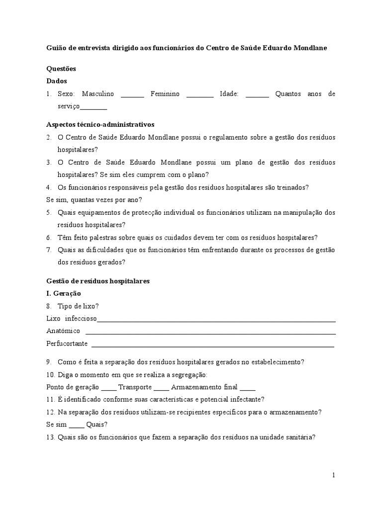 Exemplo de Guião de Entrevista Funcionários | PDF | Gestão de resíduos ...