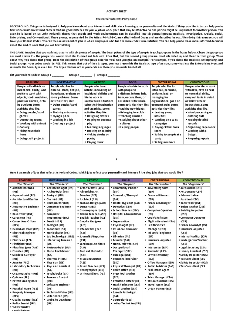 RIASEC Test - The Career Interests Party Game | PDF | Science | Science ...