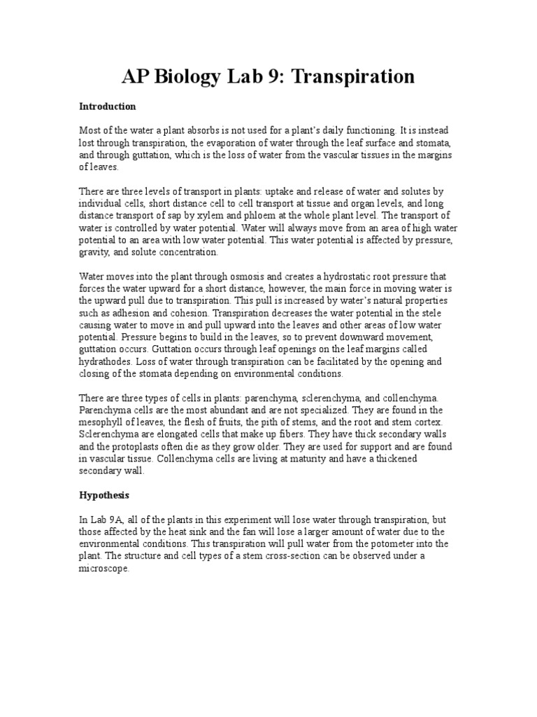 AP Biology Lab Nine Transpiration | PDF | Stoma | Leaf