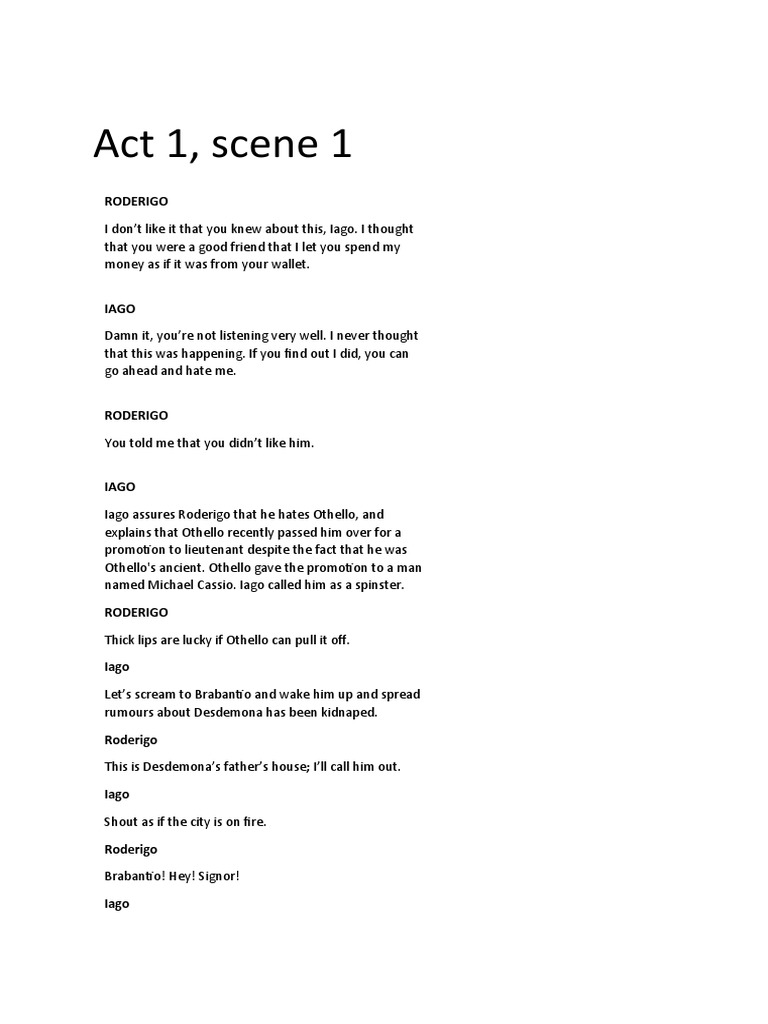 Othello Act 1 Scene 1 Summary | PDF | Othello | Iago