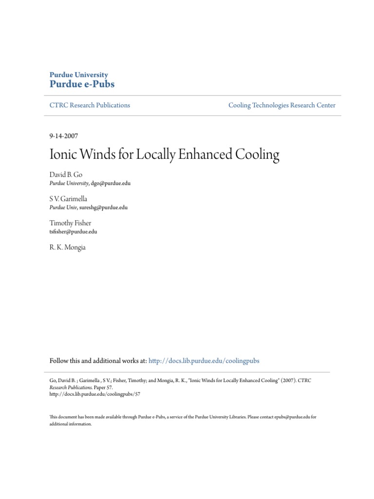 Ionic Winds For Locally Enhanced Cooling: Purdue E-Pubs | PDF | Heat ...