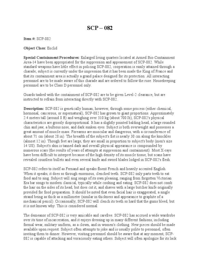 Item #: SCP-082 Object Class: Euclid Special Containment Procedures ...