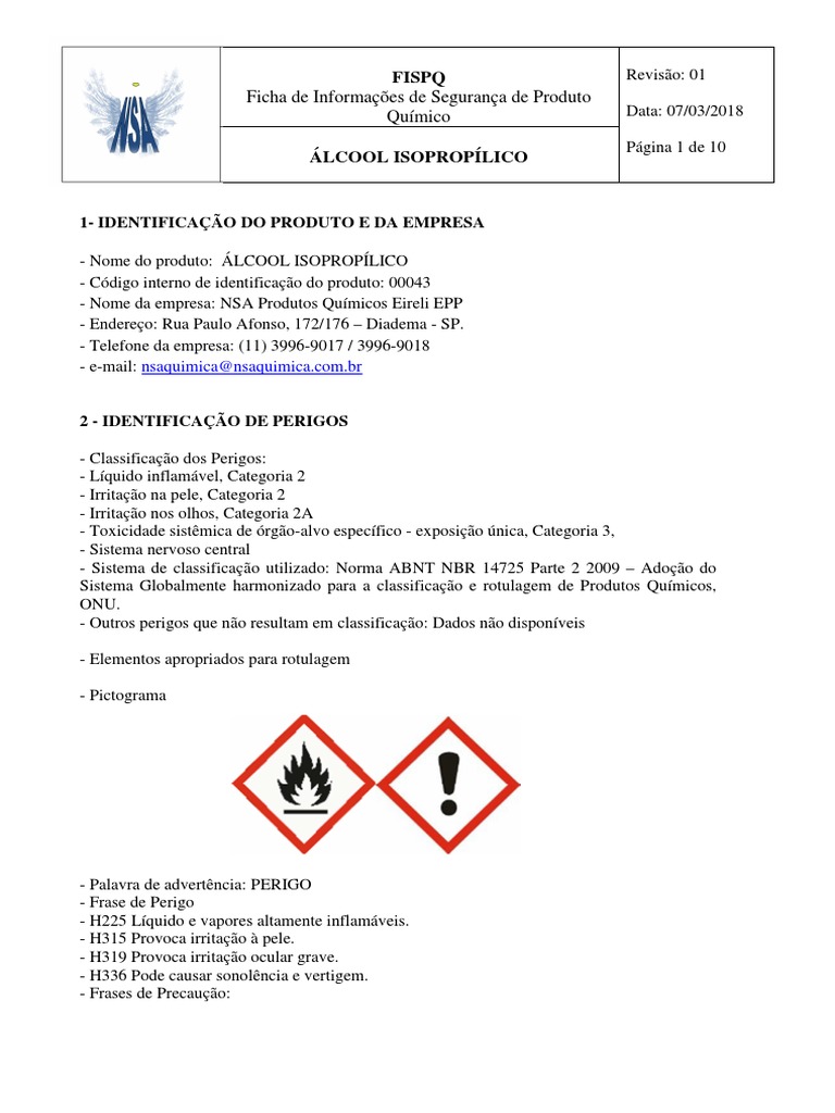 FISPQ - Alcool Isopropilico | PDF | Solvente | Desperdício