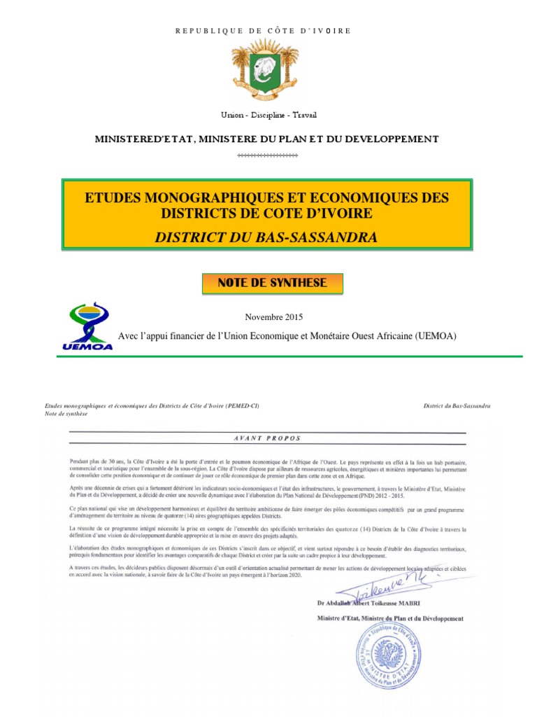PEMEDCI BAS SASSANDRA 2. Note de Synth Se VDEF | PDF | Côte d'Ivoire ...
