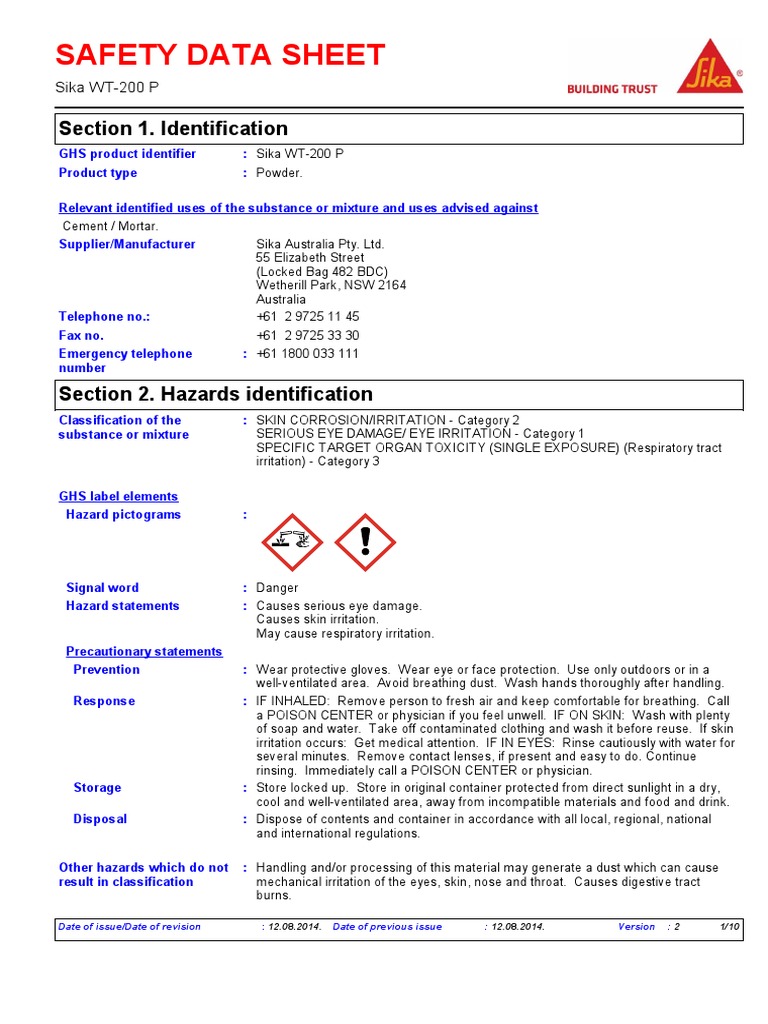 SIKA WT-200 P SDS (Crystline Waterproofing Admix) | PDF | Firefighting ...