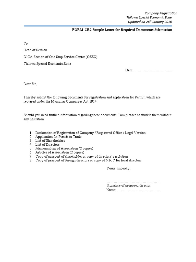 FORM-CR2 Sample Letter For Required Documents Submission | PDF