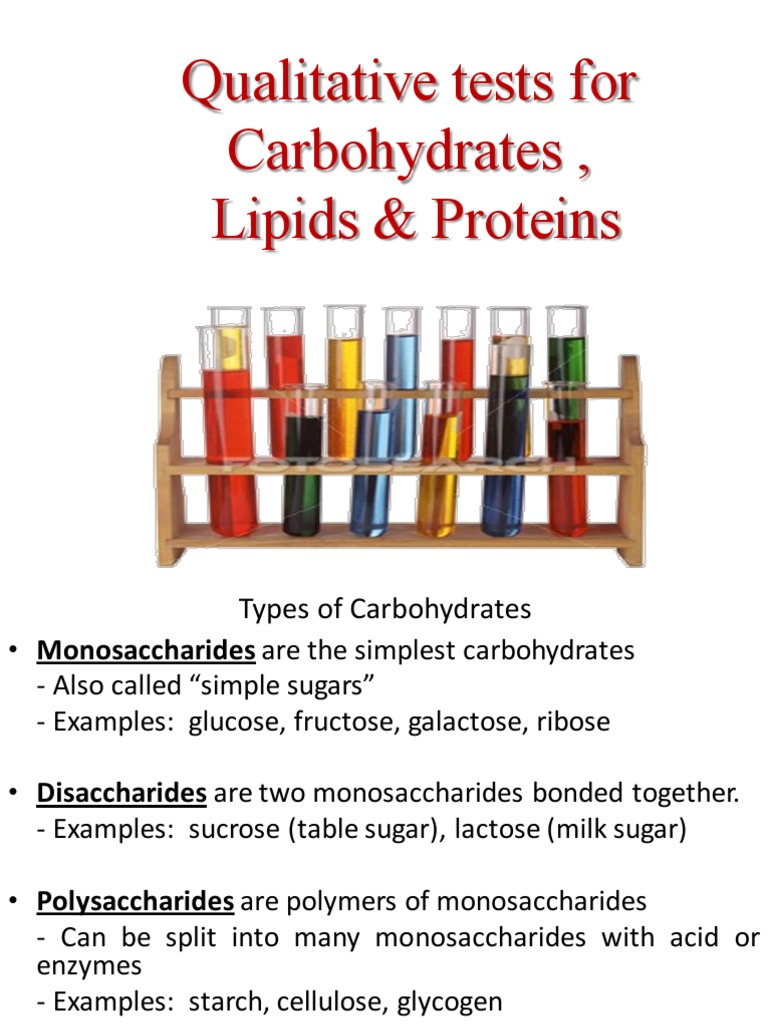 Qualitative Tests For, Carbohydrates Proteins & Lipids | PDF ...