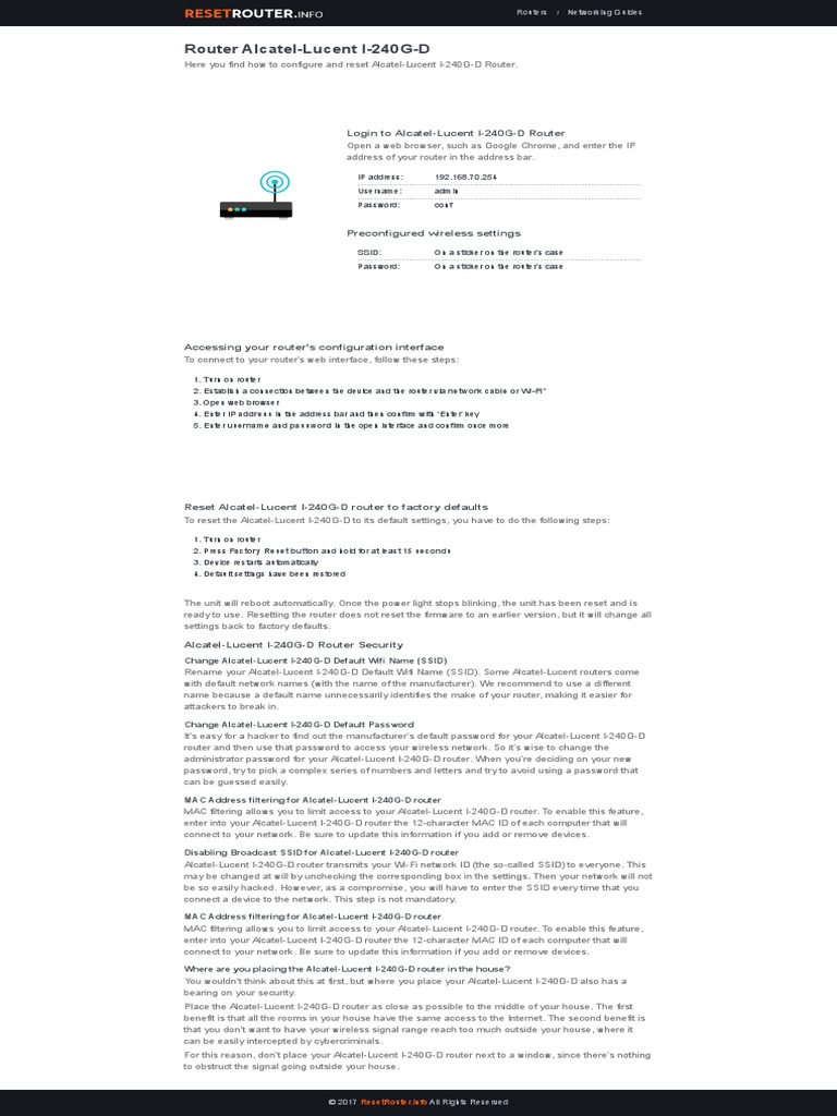 How To Configure and Reset Alcatel-Lucent I-240G-D Router 2 | PDF | Wi ...