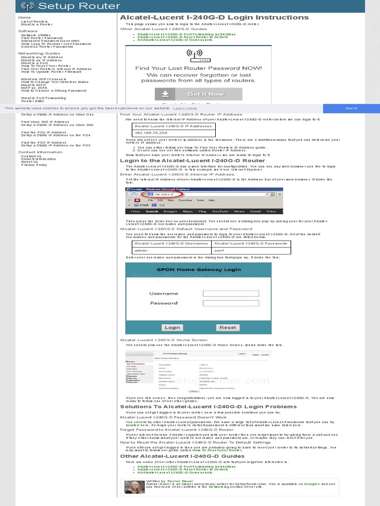 How 2 To Login To The Alcatel-Lucent I-240G-D | PDF | Router (Computing ...