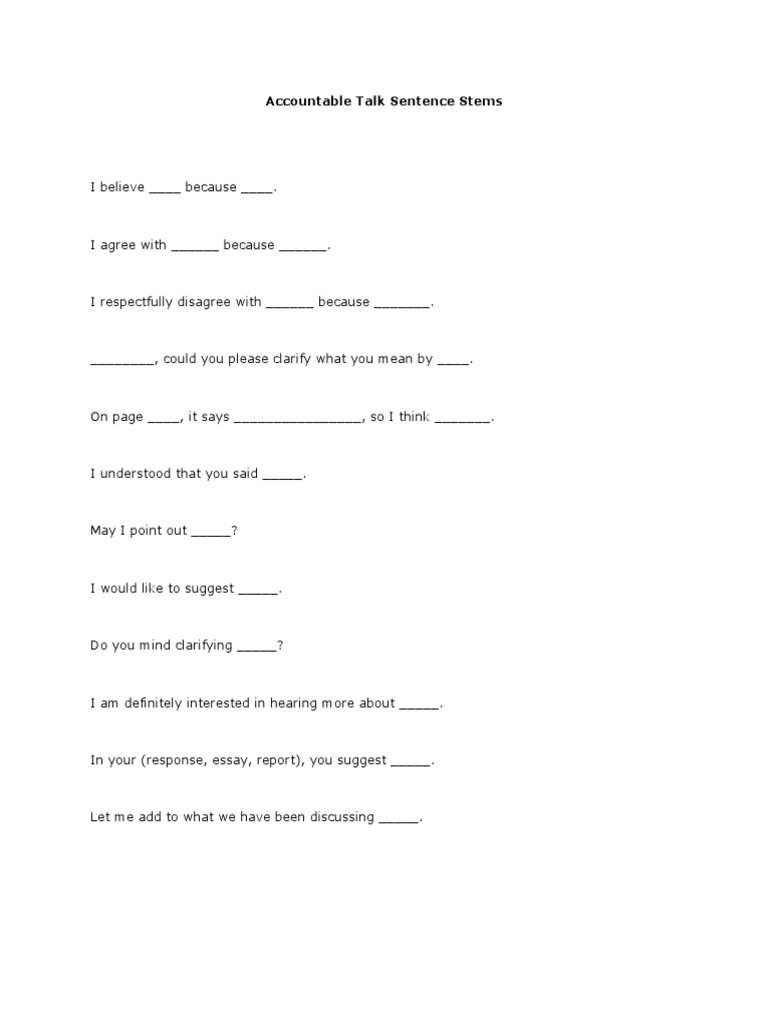 Accountable Talk Sentence Stems Template Sec | PDF | Self-Improvement