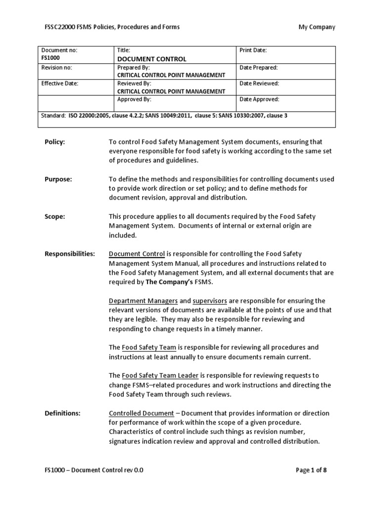 Document Control: FS1000 Critical Control Point Management Critical ...