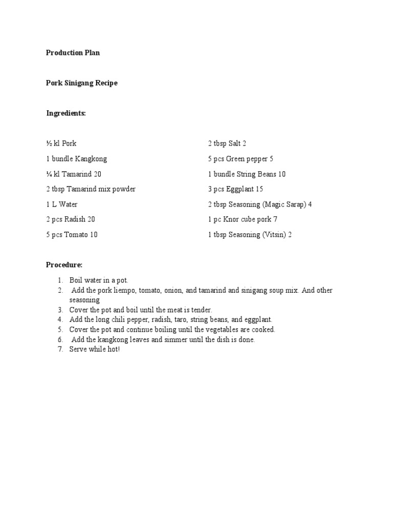 Production Plan | PDF | Foods | Cuisine