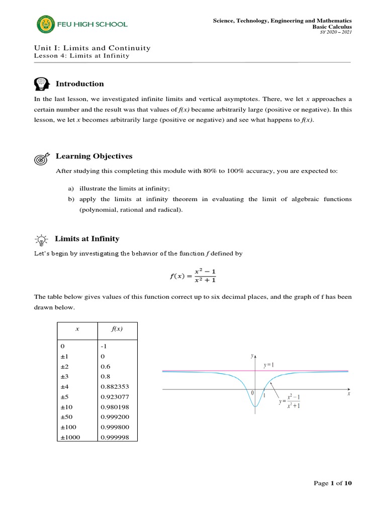 Study Guide 1.4 - Limits at Infinity | PDF | Asymptote | Infinity