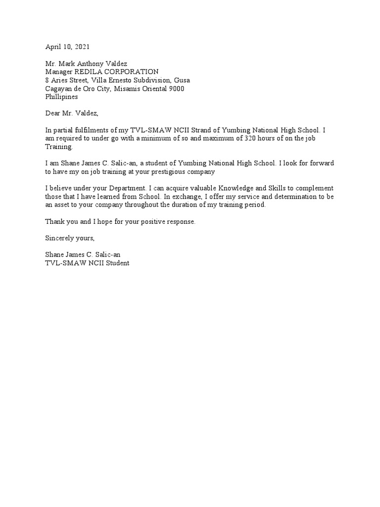 Application Letter SMAW NCII | PDF