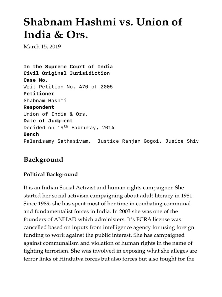 Shabnam Hashmi vs. Union of India & Ors. - Law Times Journal | PDF ...