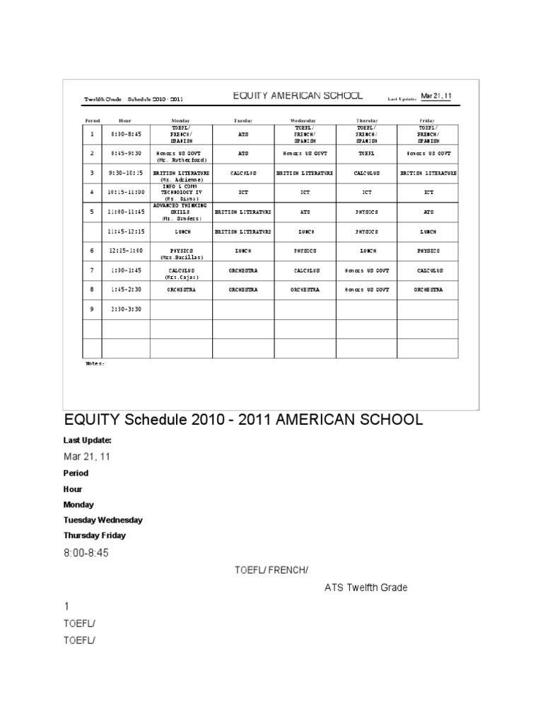 12th Grade American School Schedule | PDF