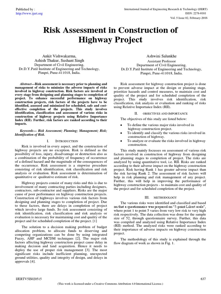 Risk Assessment in Construction of Highway Project IJERTV5IS020515 ...