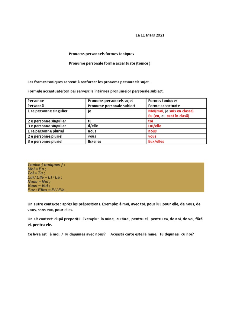 Pronoms personnels et formes toniques | PDF | Arts du langage et ...