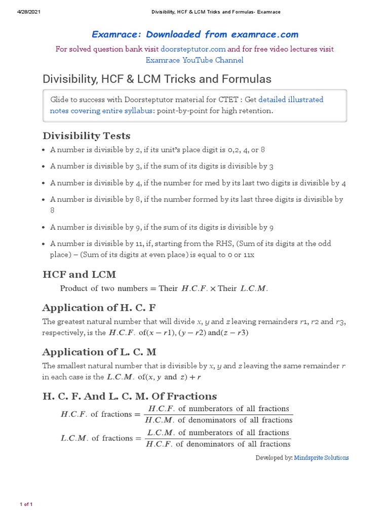 Divisibility, HCF & LCM Tricks and Formulas | PDF