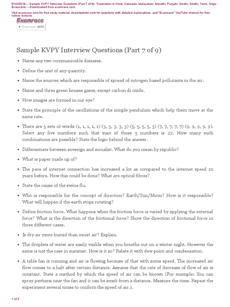 Sample KVPY Interview Questions Part 7 | PDF | Atmosphere Of Earth | Force