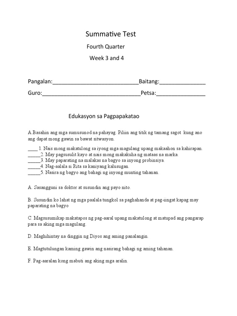Summative Test Week 3 and 4 Quarter 4 | PDF